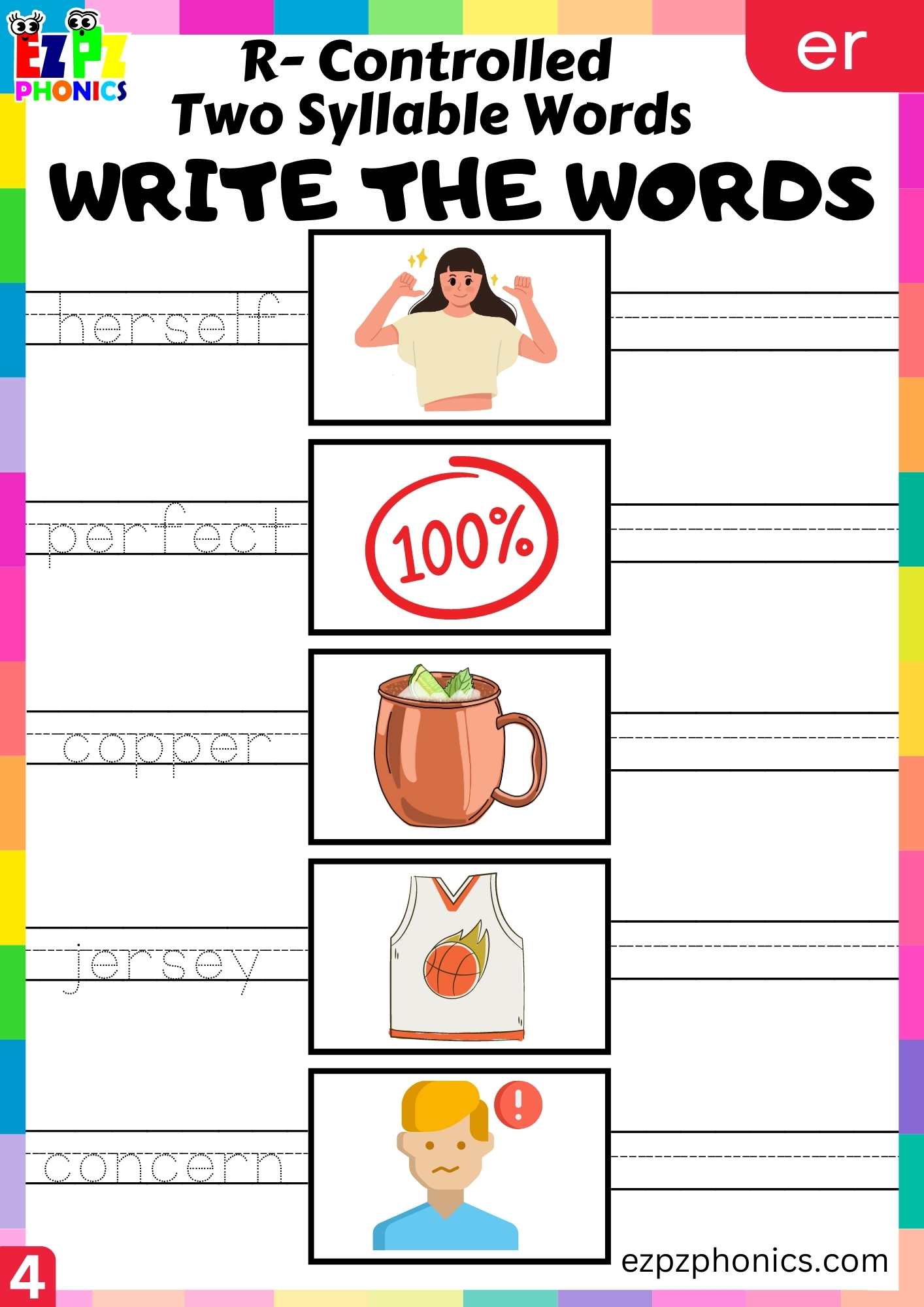 Write the words activity for two syllable er words R controlled vowels phonics group 4 ...